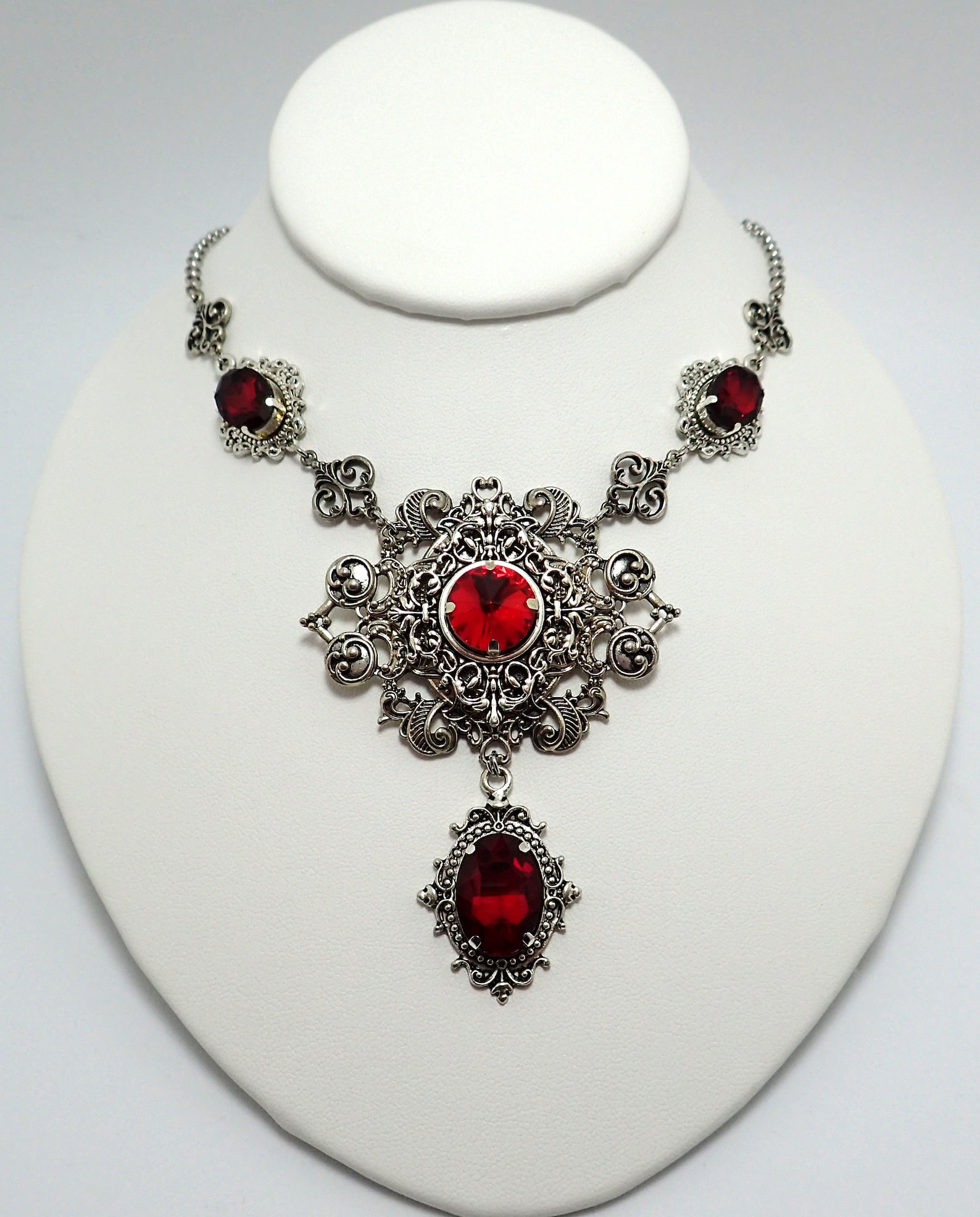 Dark Ruby Red/garnet Stones Gothic Antiqued Silver Necklace Choker ...