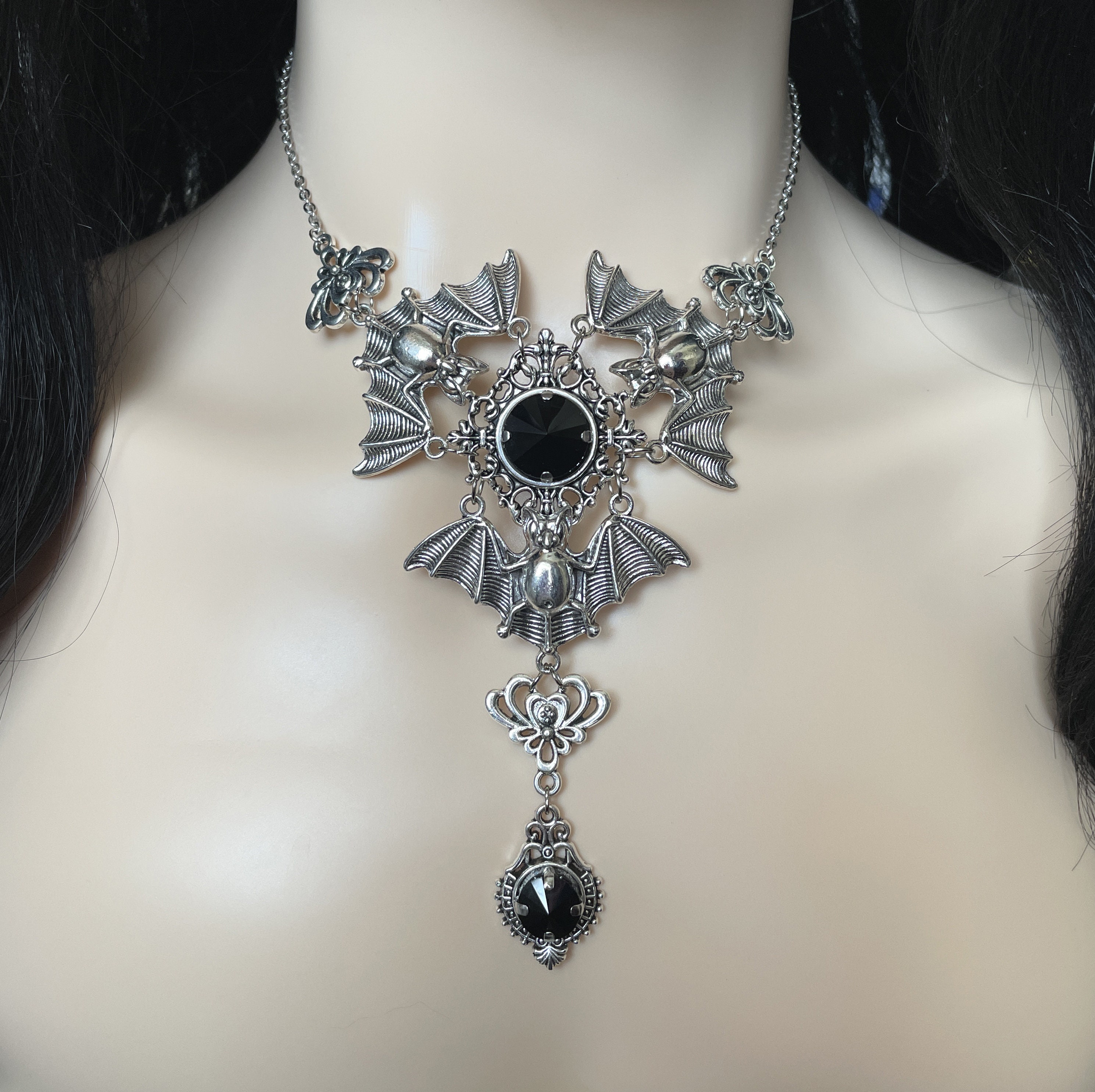 Jet Black Onyx Filigree Antique Silver Dracula Vampire Winged | Etsy