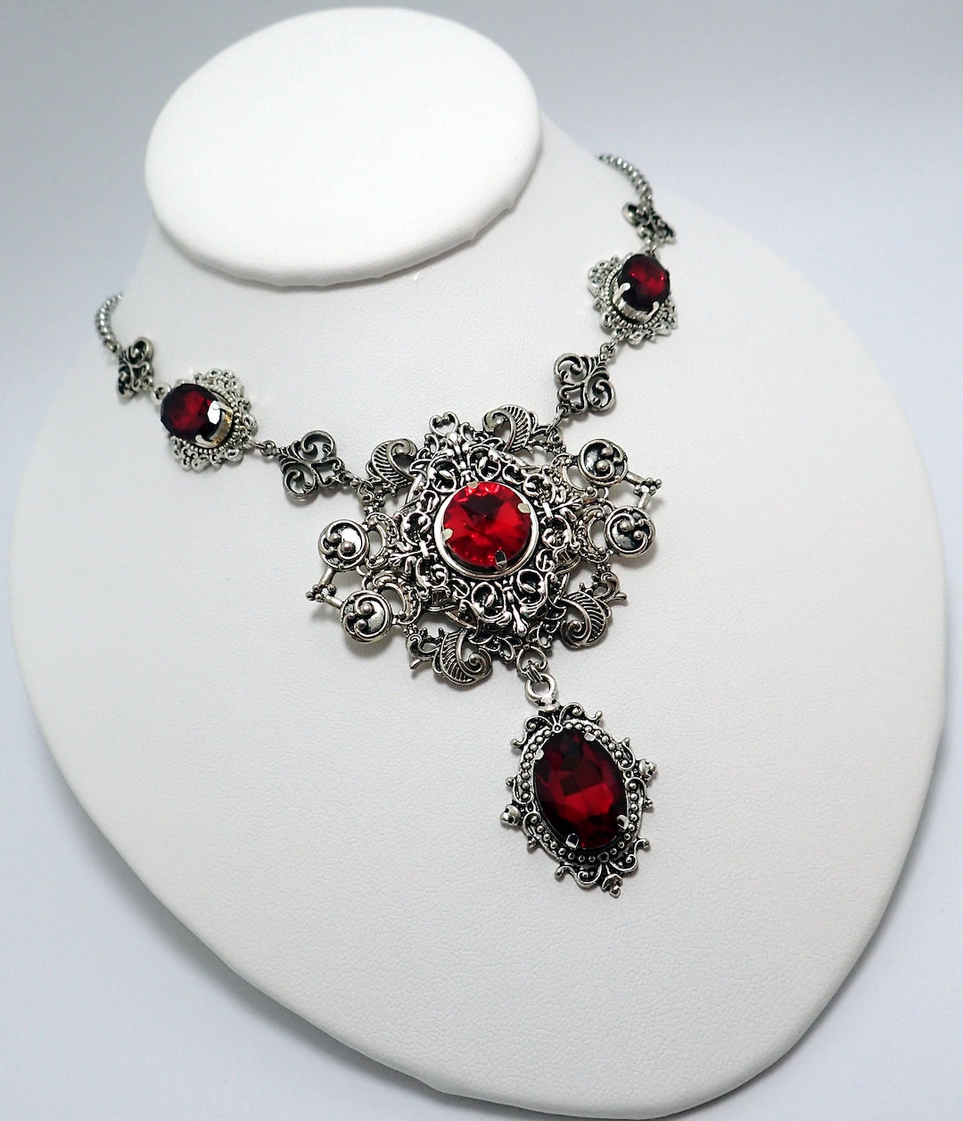 Dark Ruby Red/garnet Stones Gothic Antiqued Silver Necklace Choker ...