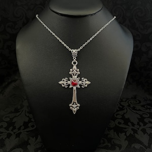 Dark Ruby Red Antiqued Silver Cross Crucifix Gothic Victorian Vampire ...