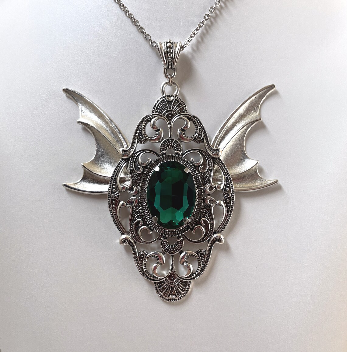 Emerald Green Large Antique Silver Filigree Bat Wing Victorian - Etsy
