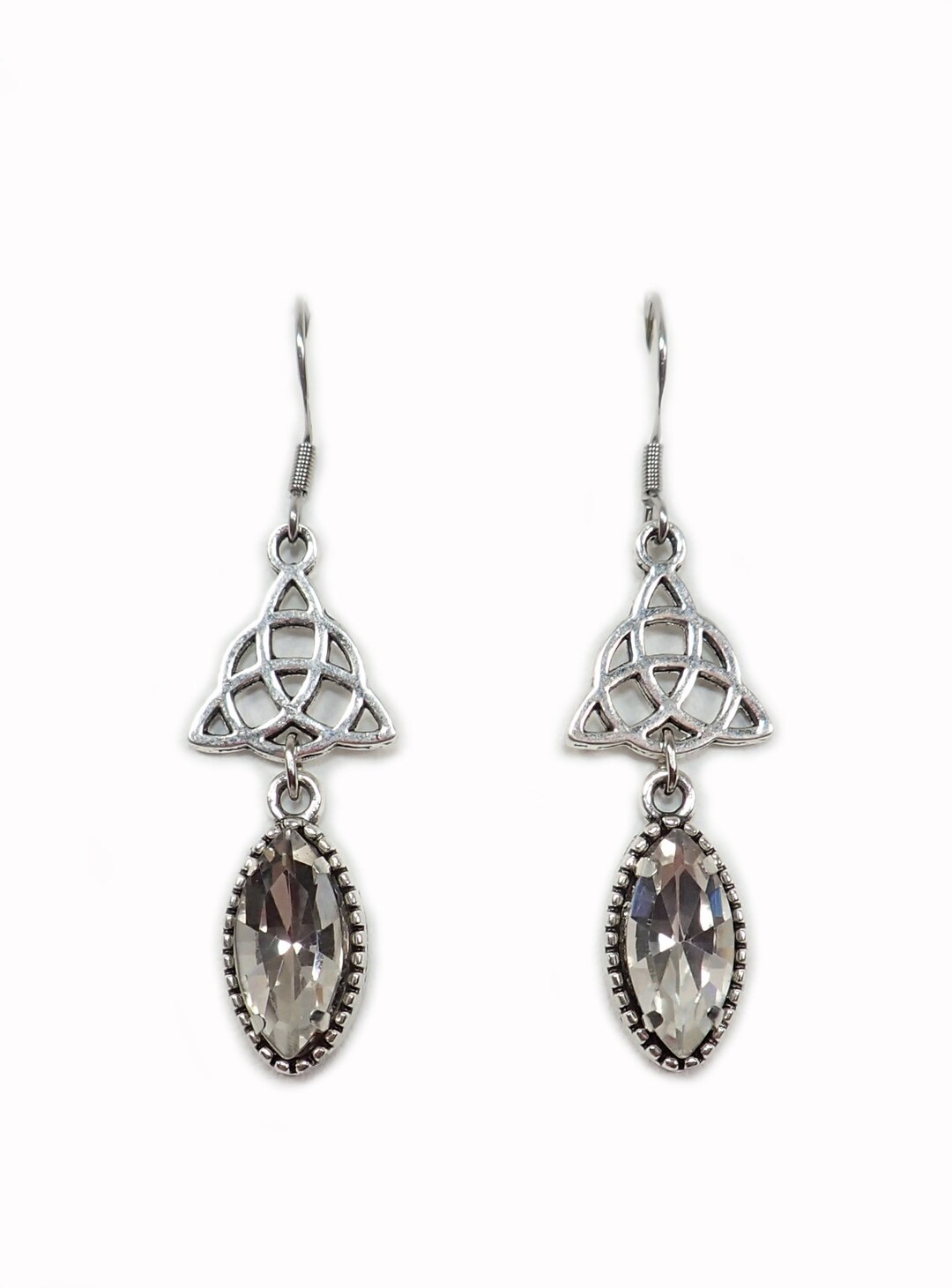 Crystal Clear Celtic Irish Trinity Knots Earrings Antiqued Silver Elven ...