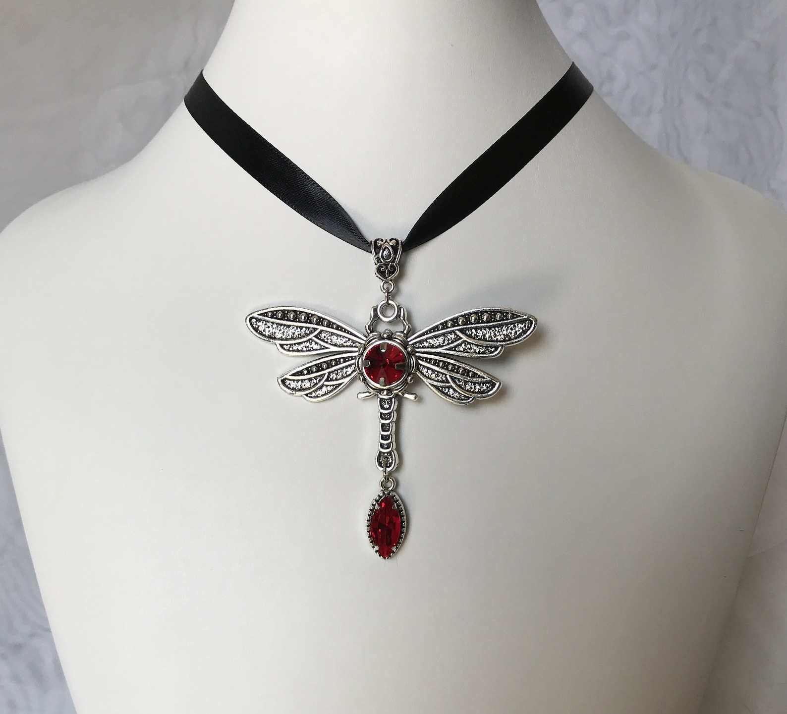 Ruby Red Crystals Dragonfly Wings Antique Silver Pendant | Etsy