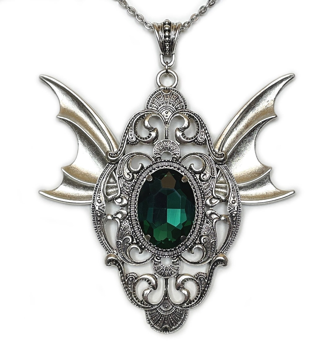 Emerald Green Large Antique Silver Filigree Bat Wing Victorian Goth ...