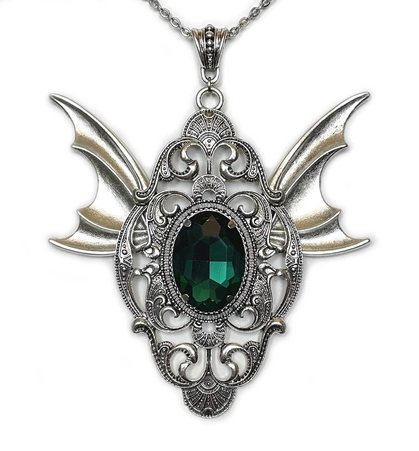 Emerald Green Large Antique Silver Filigree Bat Wing Victorian - Etsy