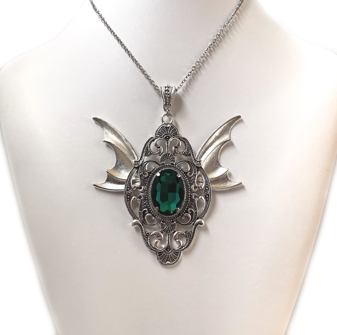 Emerald Green Large Antique Silver Filigree Bat Wing Victorian - Etsy