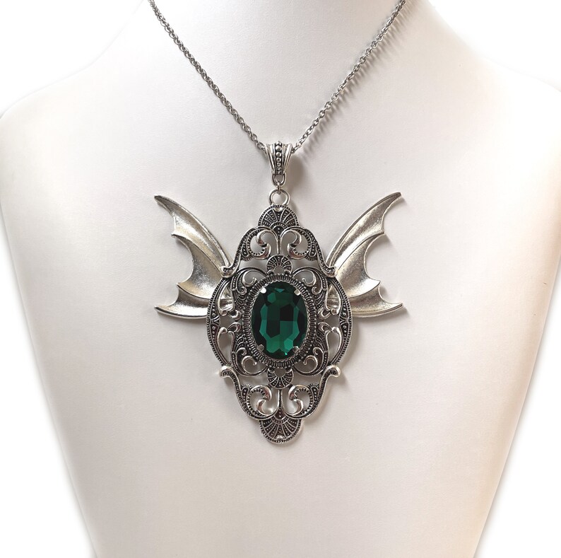 Emerald Green Large Antique Silver Filigree Bat Wing Victorian Goth ...