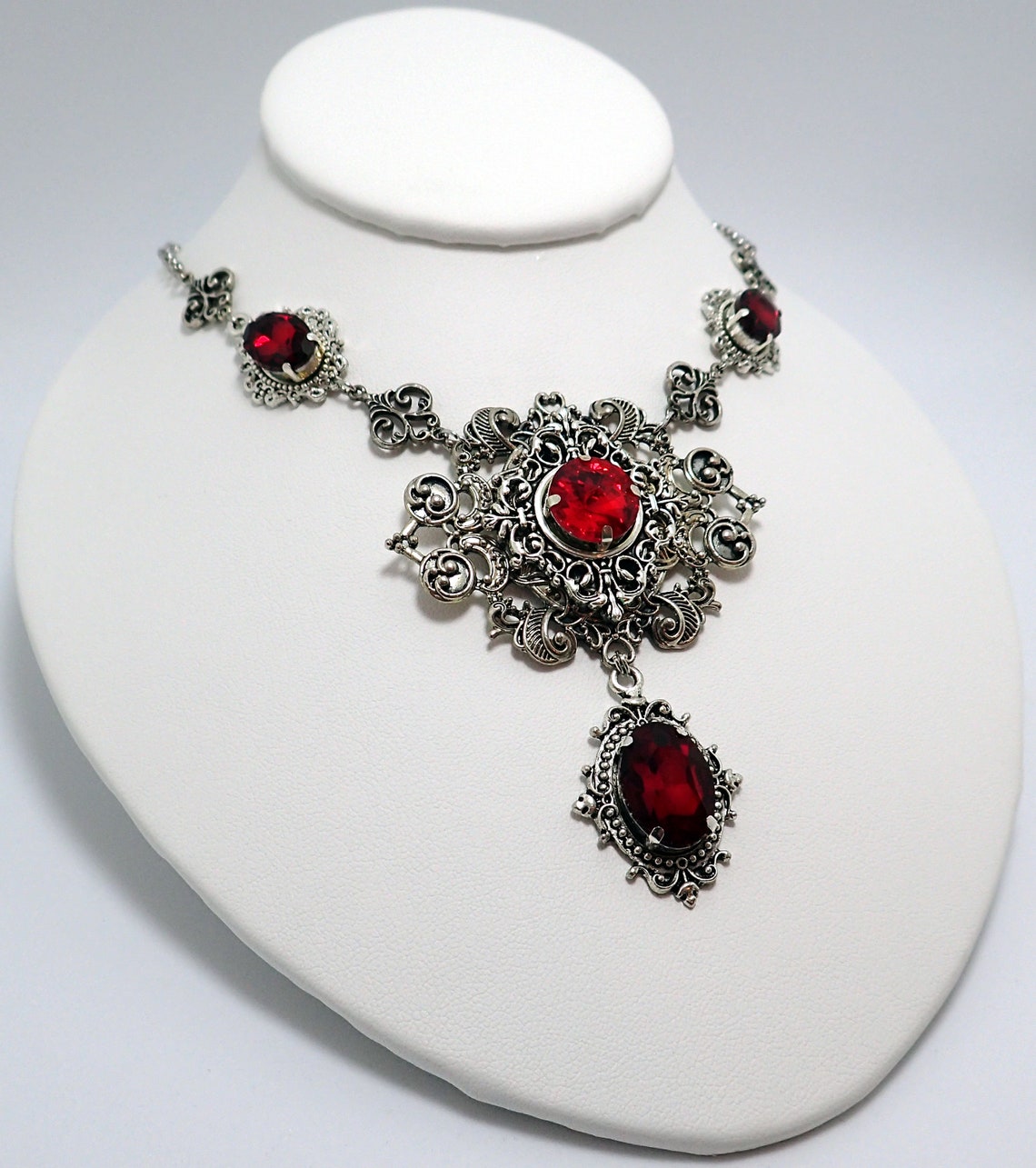 Dark Ruby Red/garnet Stones Gothic Antiqued Silver Necklace - Etsy