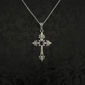 Jet Black Onyx Antiqued Silver Cross Crucifix Gothic Victorian Vampire ...