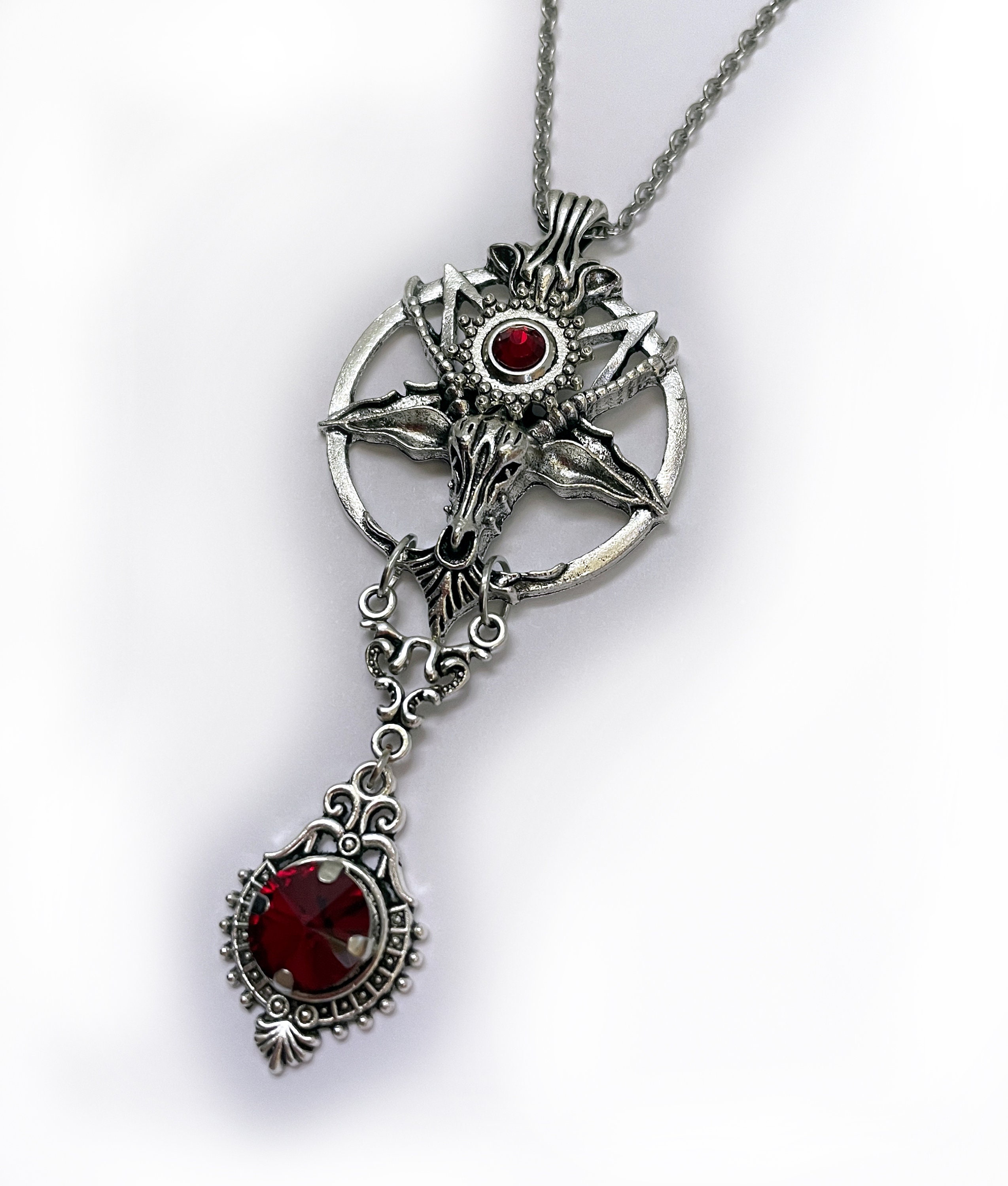 Dark Ruby Red Antique Silver Gothic Filigree Baphomet Sigil Pagan Idol ...