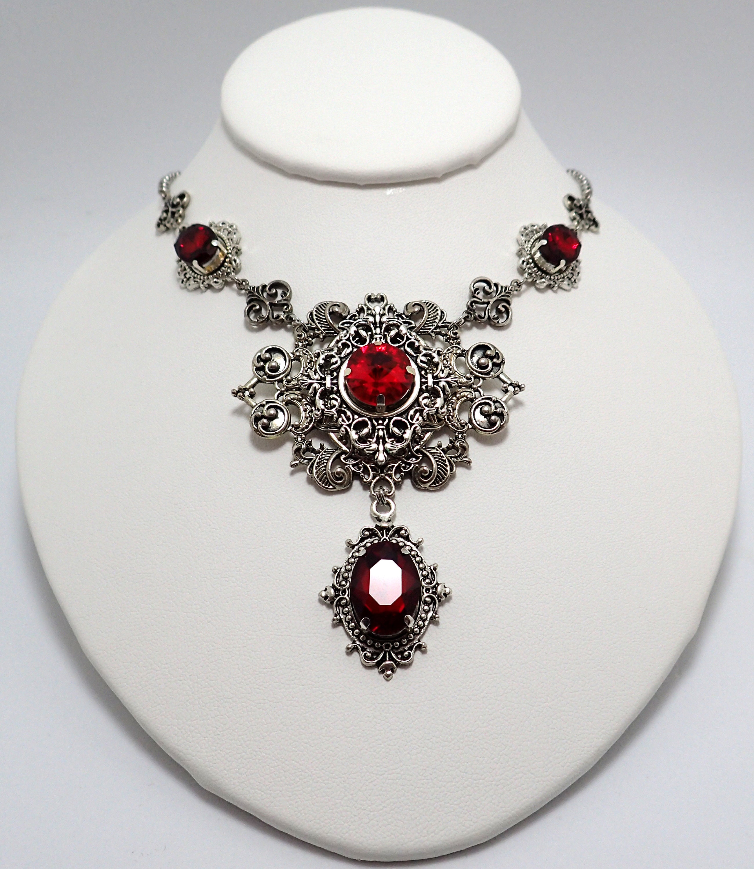 Dark Ruby Red/garnet Stones Gothic Antiqued Silver Necklace - Etsy