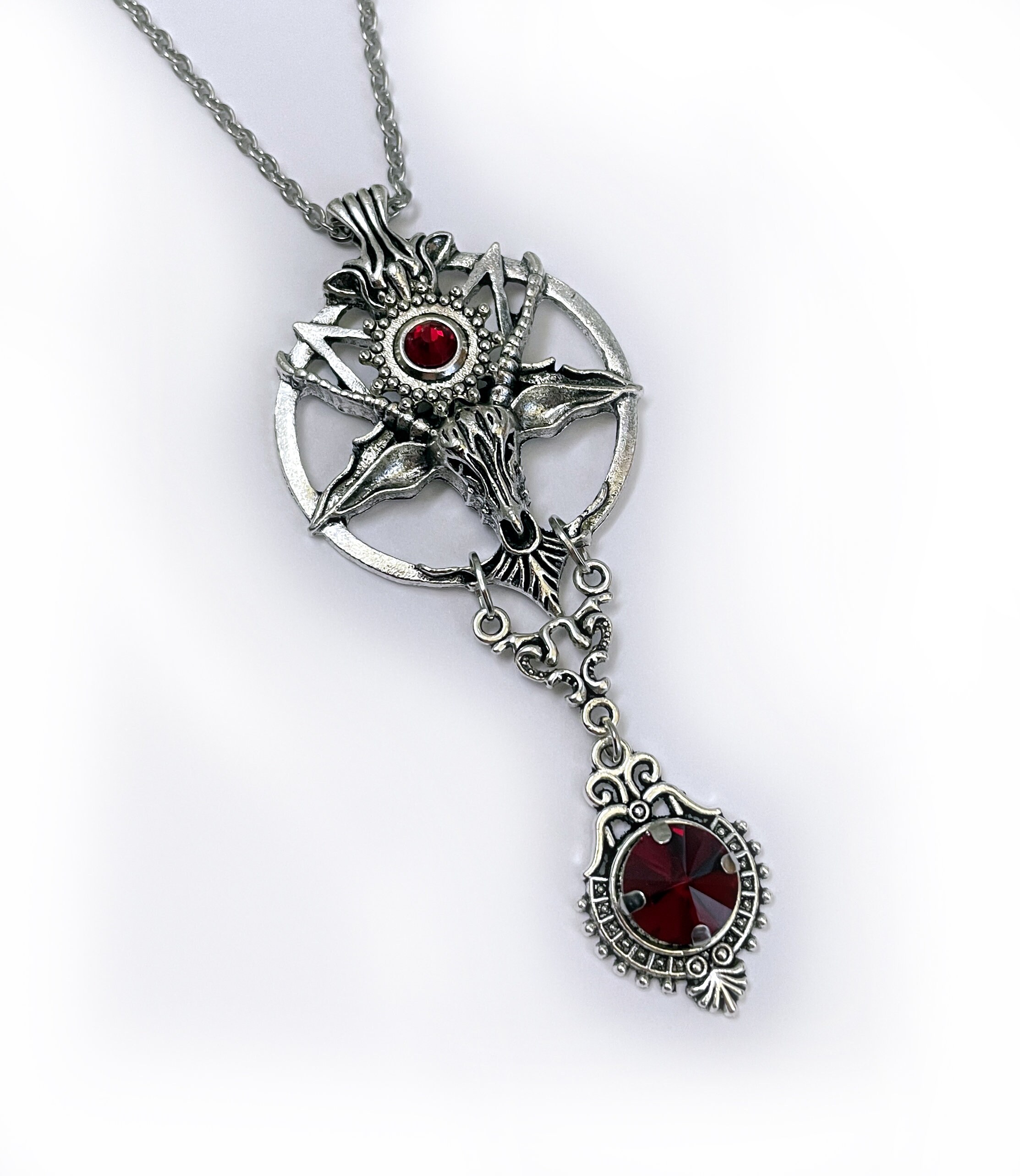 Dark Ruby Red Antique Silver Gothic Filigree Baphomet Sigil Pagan Idol ...