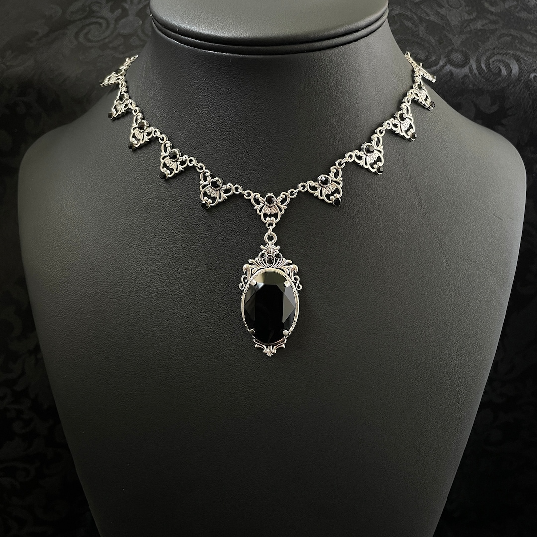 Jet Black Onyx Gothic Antique Silver Filigree Victorian Wedding Bridal ...