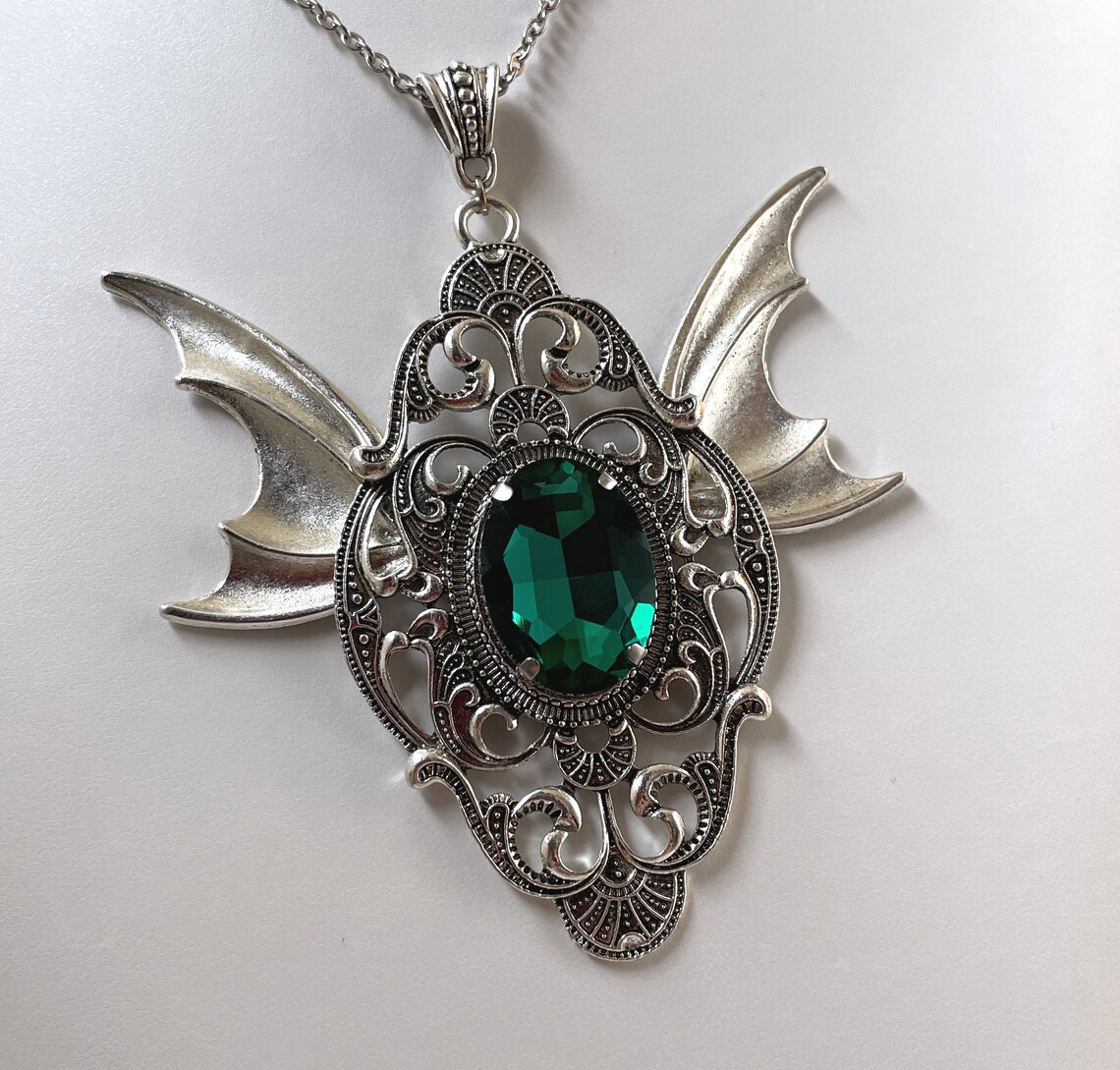 Emerald Green Large Antique Silver Filigree Bat Wing Victorian - Etsy