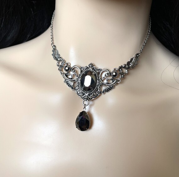 Hematite Gray Gothic Antique Silver Filigree Goth Victorian | Etsy