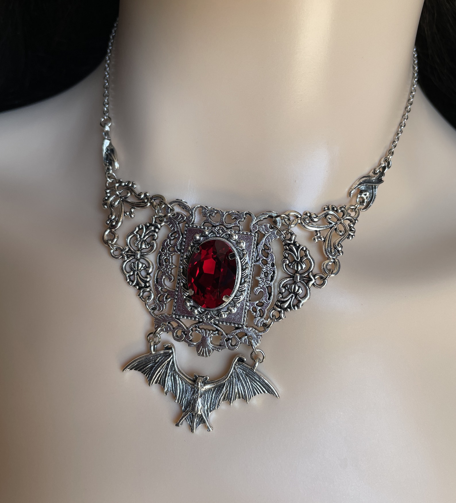 Dark Ruby Red/garnet Filigree Antique Silver Vampire Winged - Etsy