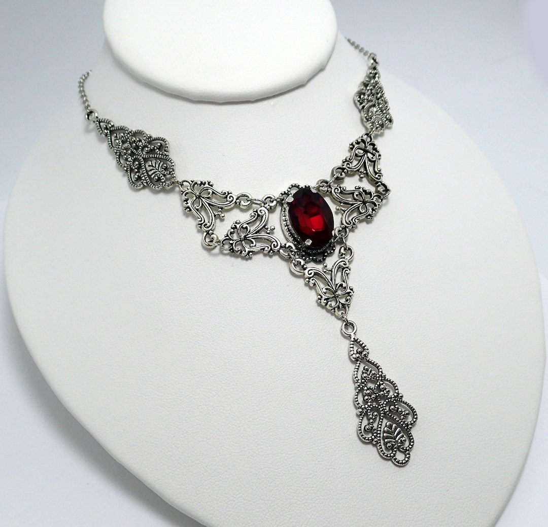 Ruby Red Stone Gothic Antiqued Silver Necklace Choker Filigree ...