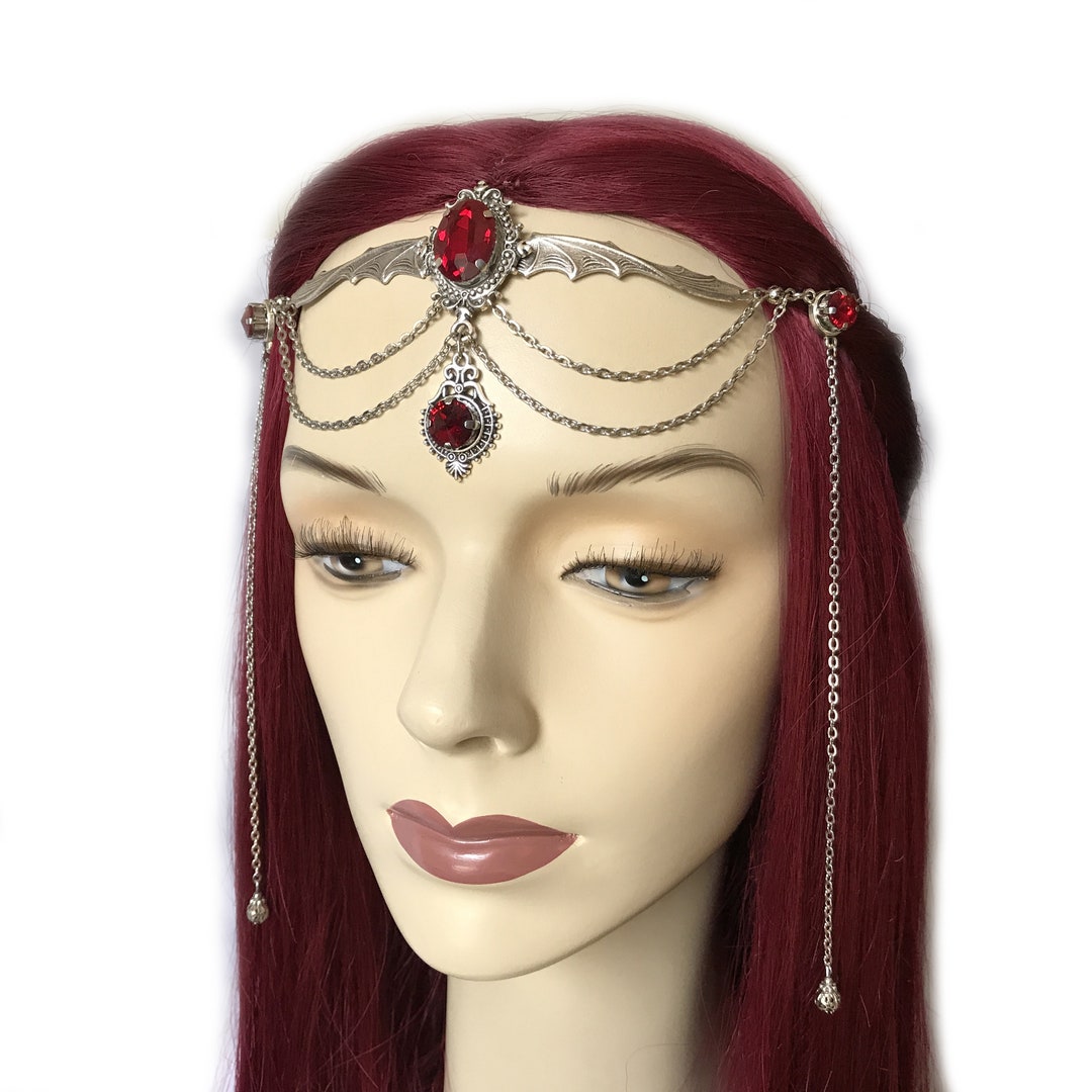 Dark Ruby Red Garnet Crystals Vampire Queen Bat Gothic Victorian Bridal ...