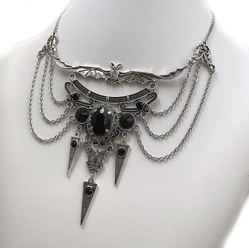 Jet Black Onyx Filigree Antique Silver Dracula Vampire Winged - Etsy