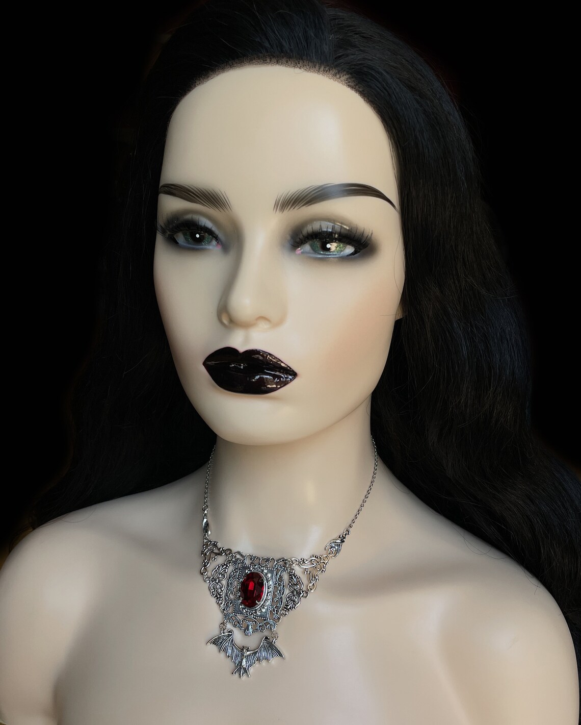 Dark Ruby Red/garnet Filigree Antique Silver Vampire Winged - Etsy