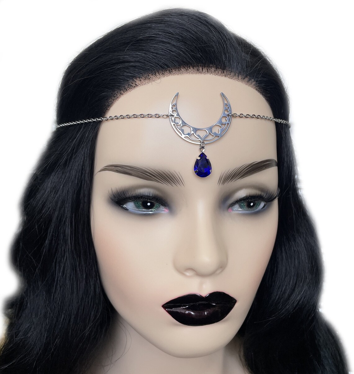 Dark Sapphire Blue Crescent Mandala Moon Flower Pagan Silver Steel ...