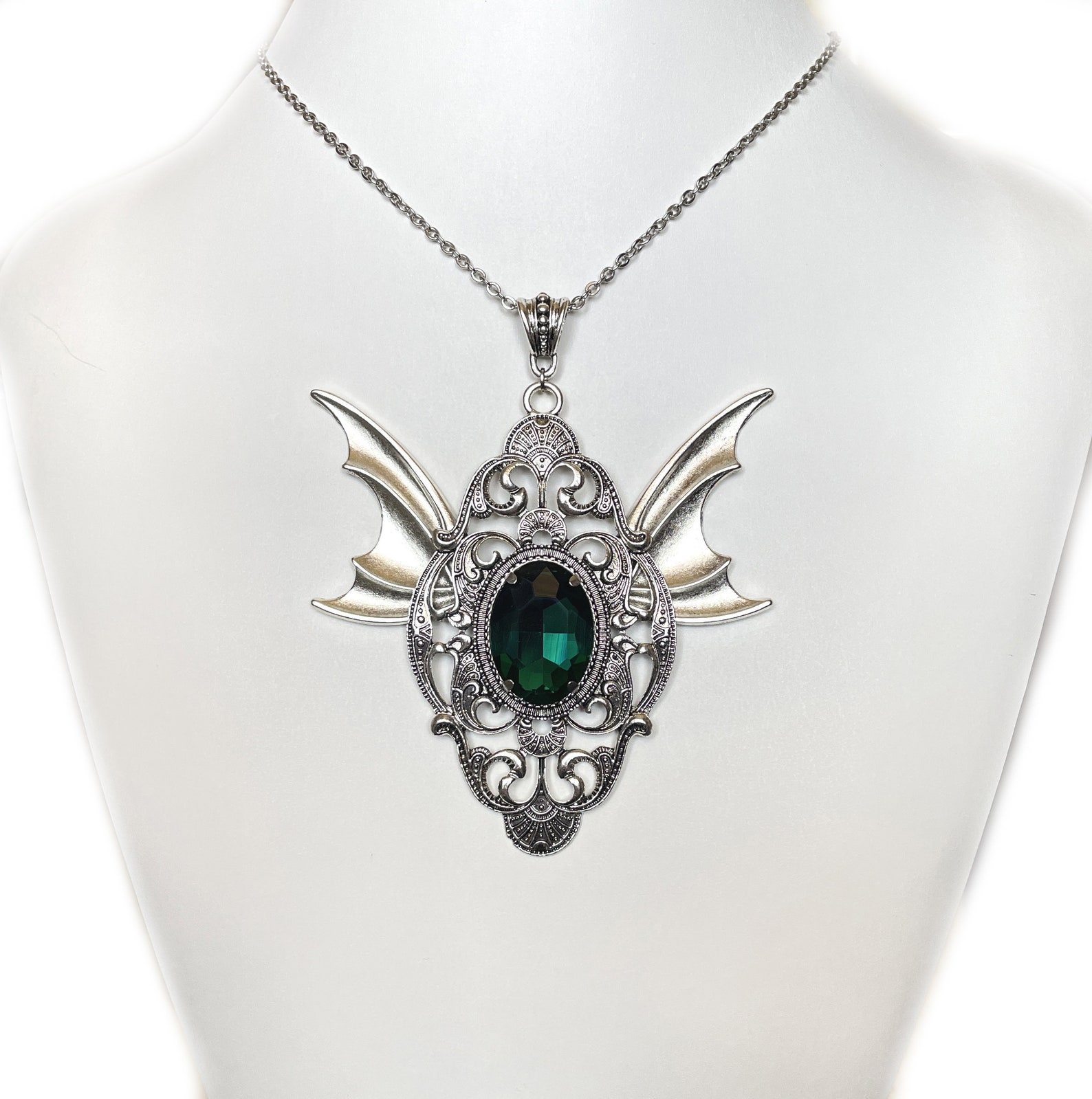 Emerald Green Large Antique Silver Filigree Bat Wing Victorian - Etsy