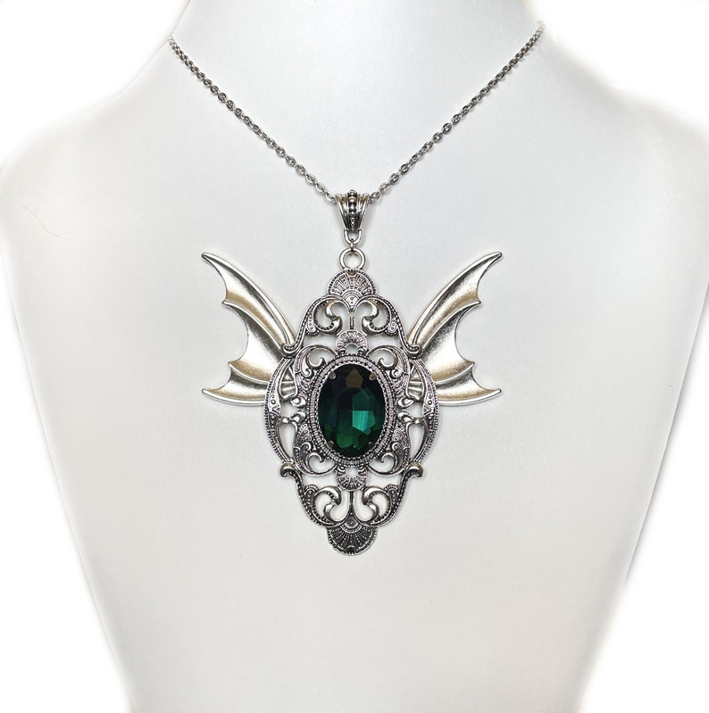 Emerald Green Large Antique Silver Filigree Bat Wing Victorian Goth ...