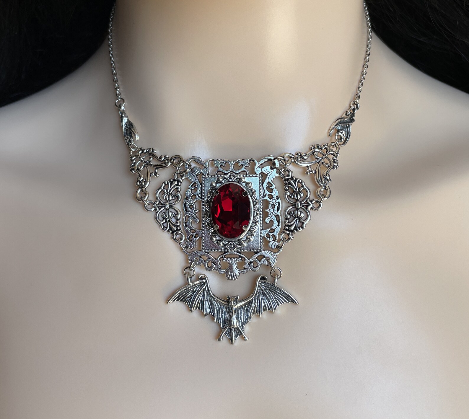Dark Ruby Red/garnet Filigree Antique Silver Vampire Winged - Etsy