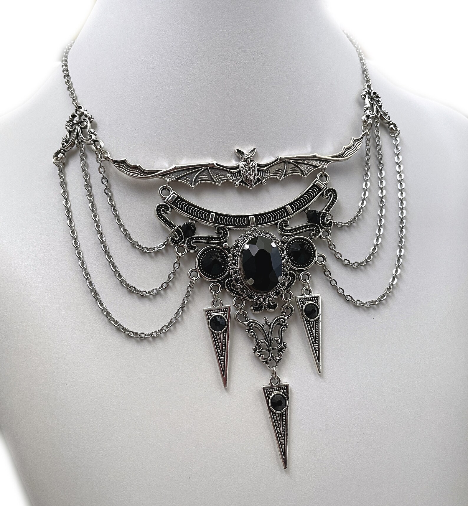 Jet Black Onyx Filigree Antique Silver Dracula Vampire Winged - Etsy