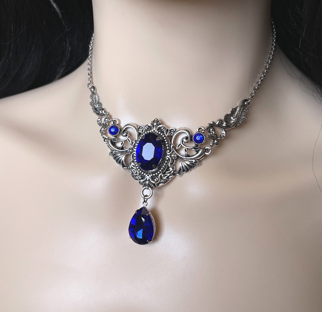 Dark Sapphire Blue Gothic Antique Silver Filigree Victorian Wedding ...
