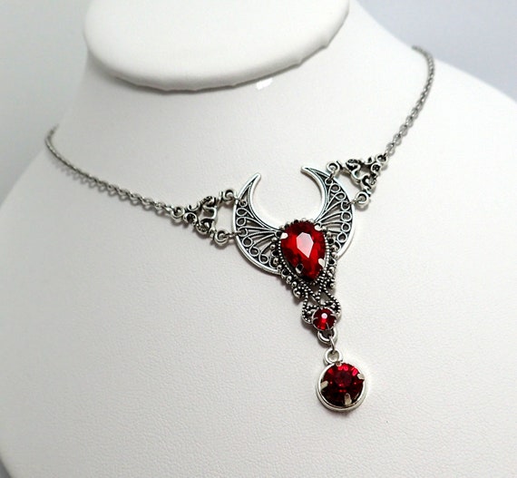 Ruby Red Stones Crescent Moon Goddess Antiqued Silver Necklace | Etsy