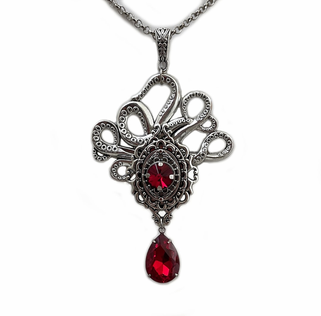 Dark Ruby Red/garnet Lovecraftian Tentacle Antique Silver Octopus ...