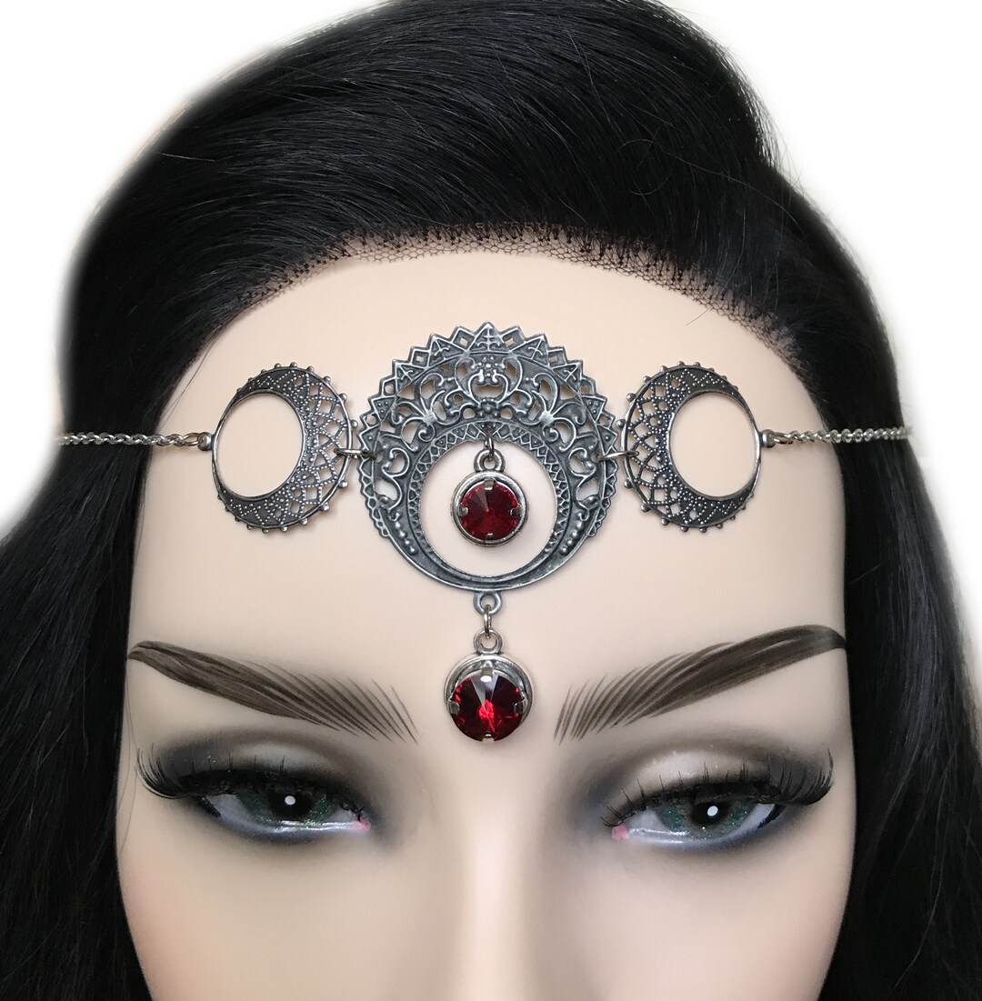 Dark Ruby Red/garnet Crystals Antique Silver Triple Crescent Moon ...