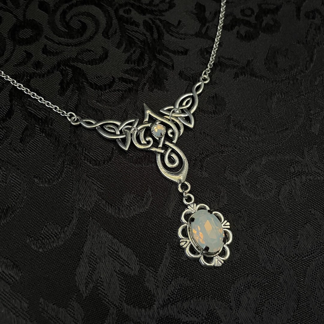 White Opal Irish Motherhood Celtic Knot Antiqued Silver Necklace Choker ...