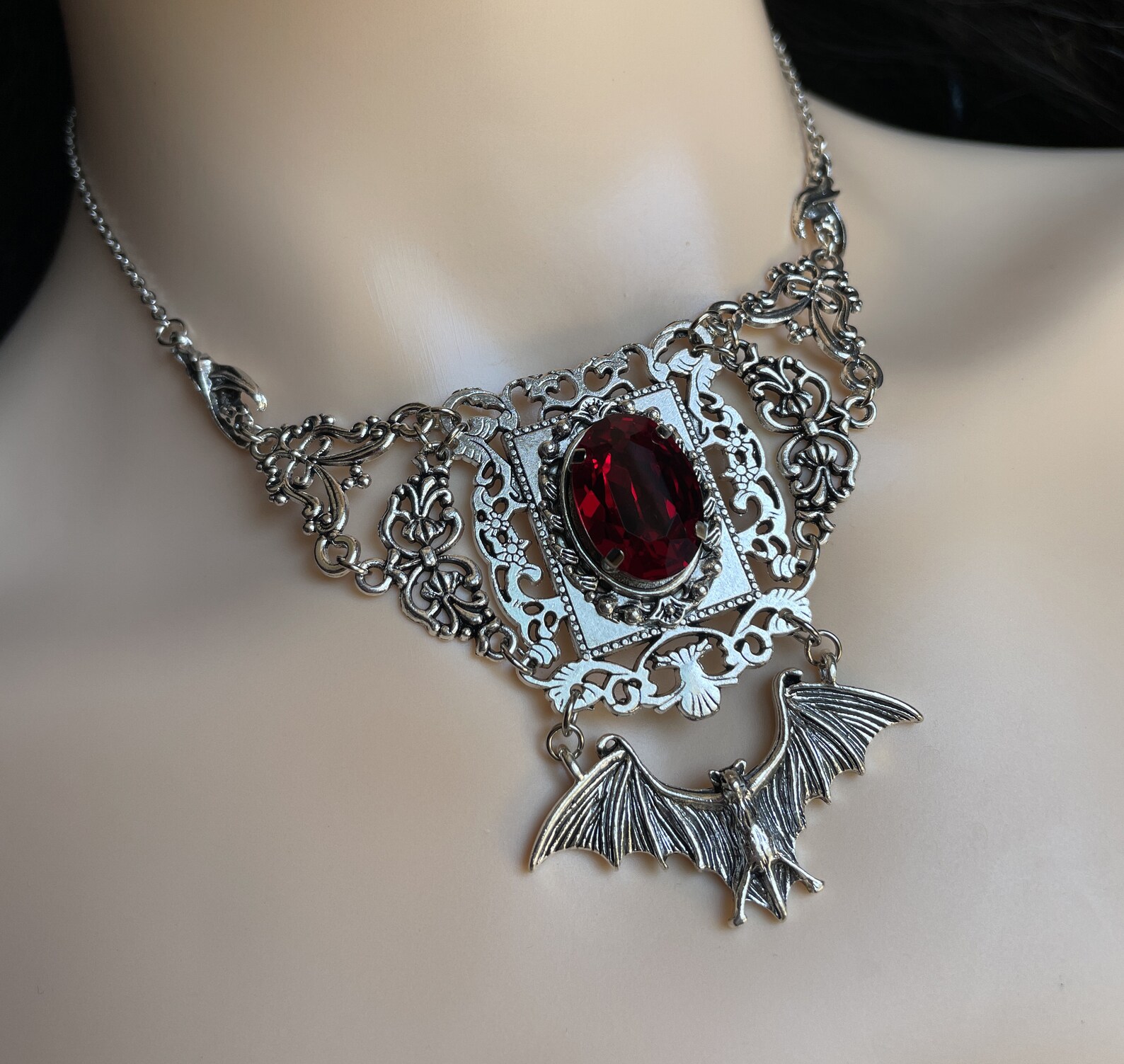 Dark Ruby Red/garnet Filigree Antique Silver Vampire Winged - Etsy