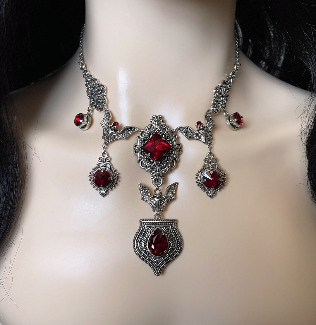Dark Ruby Blood Red/garnet Filigree Antique Silver Vampire Winged Bat ...