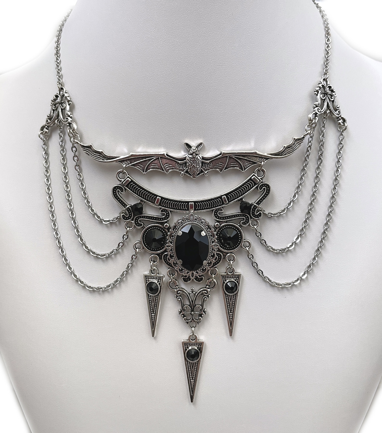 Jet Black Onyx Filigree Antique Silver Dracula Vampire Winged - Etsy
