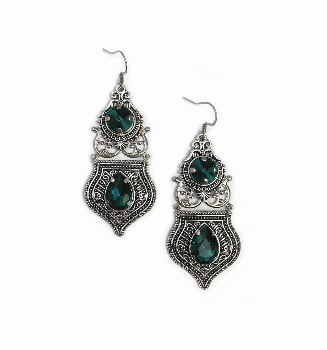 Emerald Green Crystals Gothic Antique Silver Filigree Goth Victorian ...