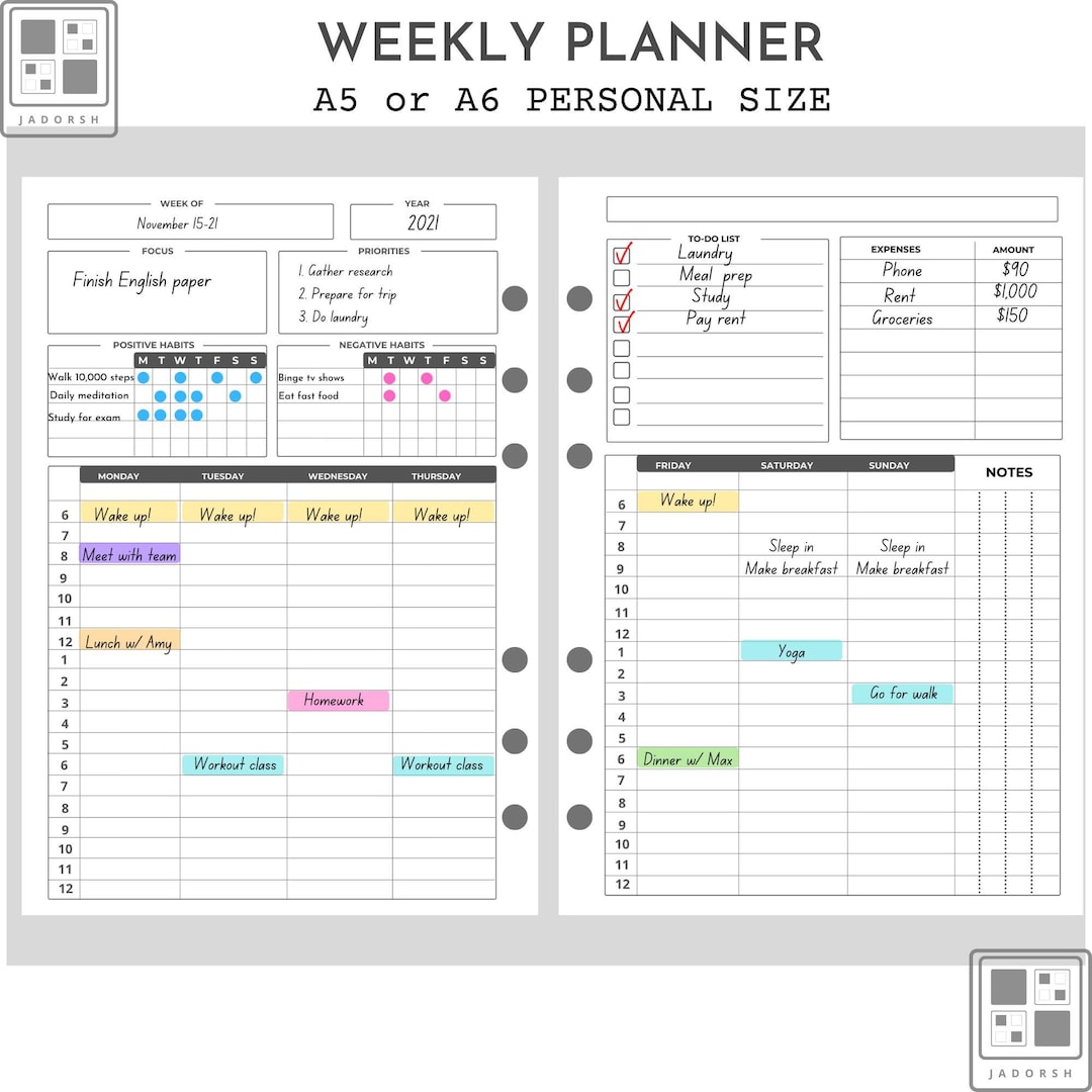 A5 Weekly Planner Insert A6 Personal Size Weekly Planner Insert for 6 ...