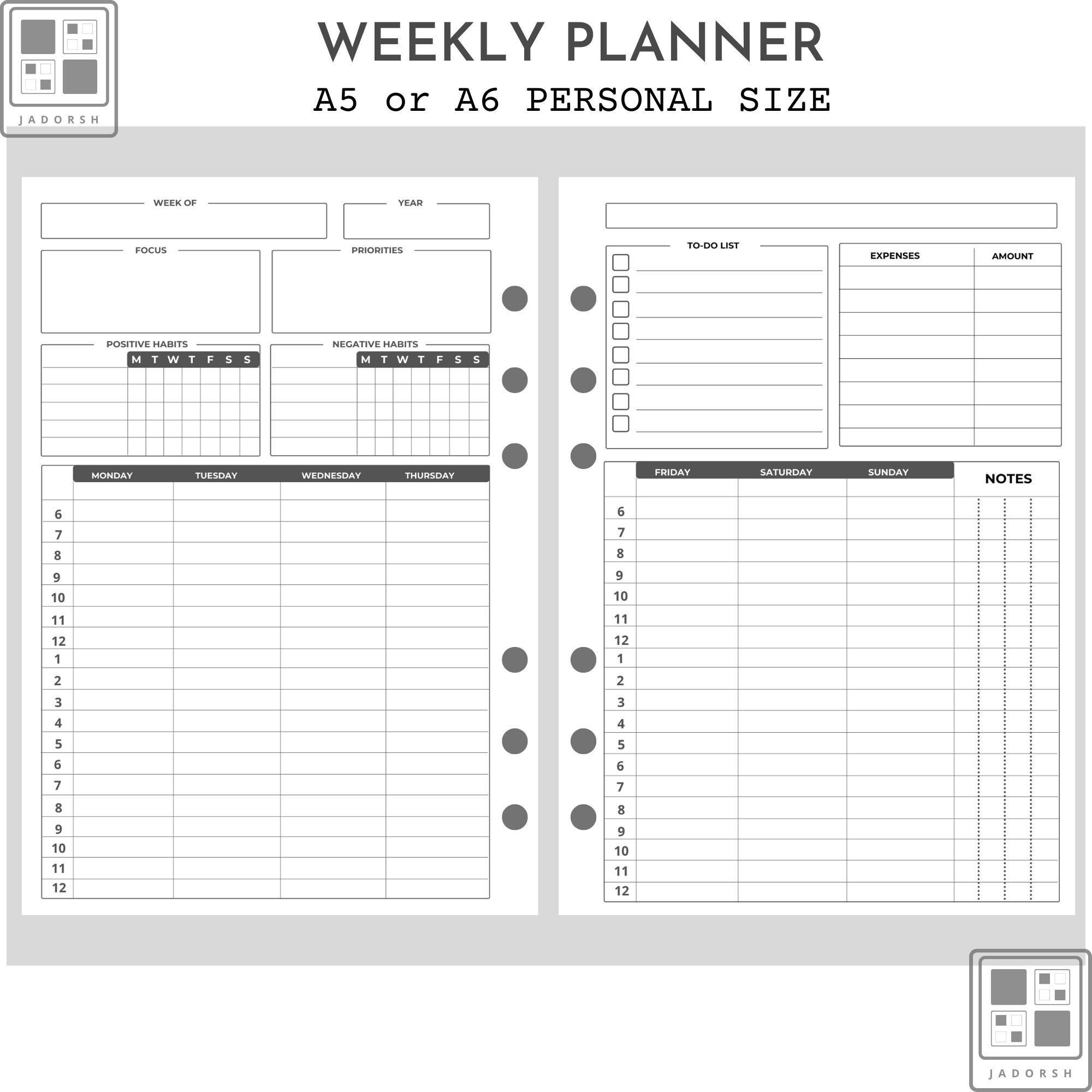 A5 Weekly Planner Insert A6 Personal Size Weekly Planner Insert for 6 ...
