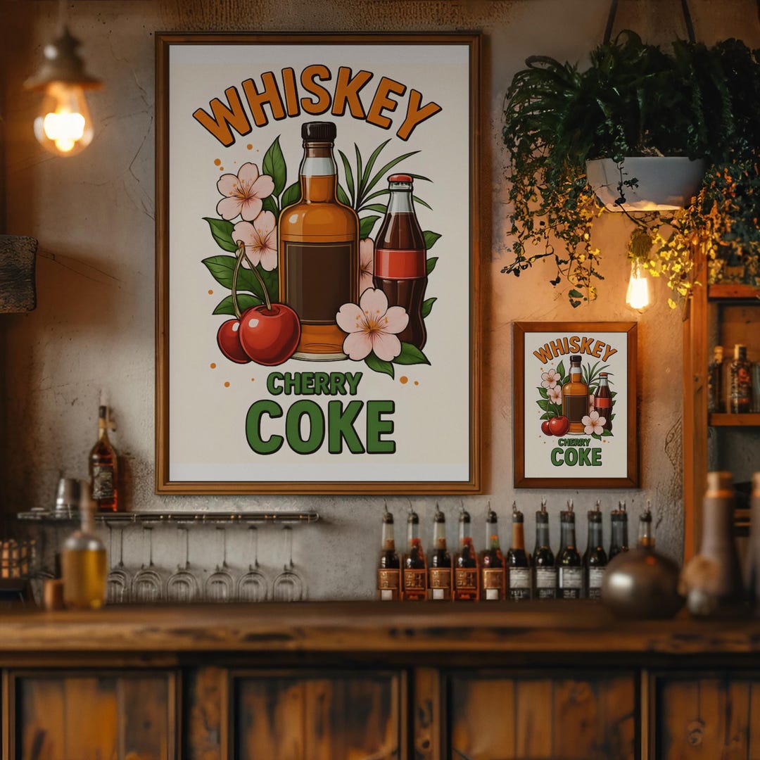 Whiskey Cherry Coke Art Print: Vintage Bar Cart Decor - Etsy