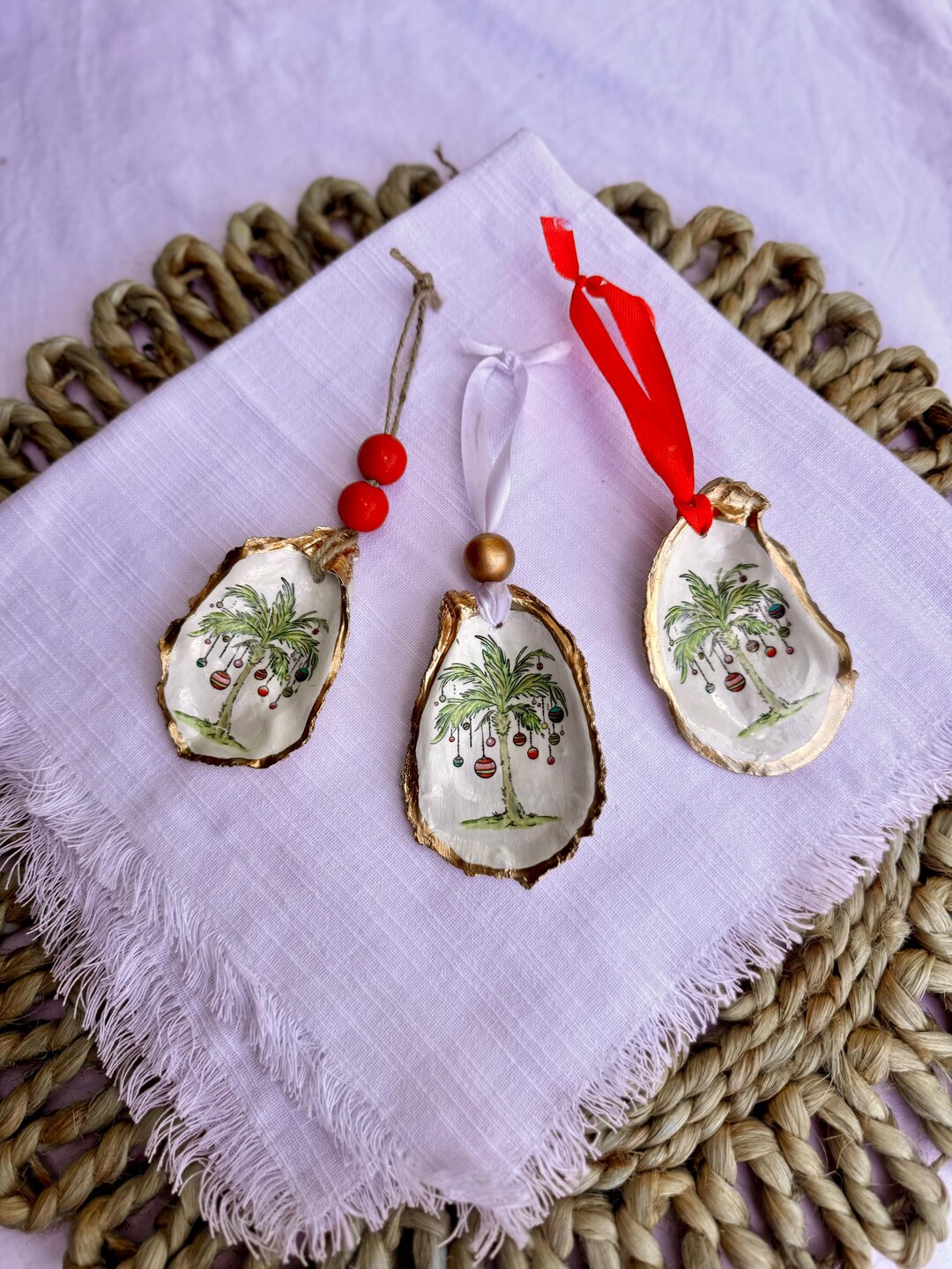 Palm Tree Oyster Shell Christmas Ornaments, Napkin Rings, Wine Topper ...