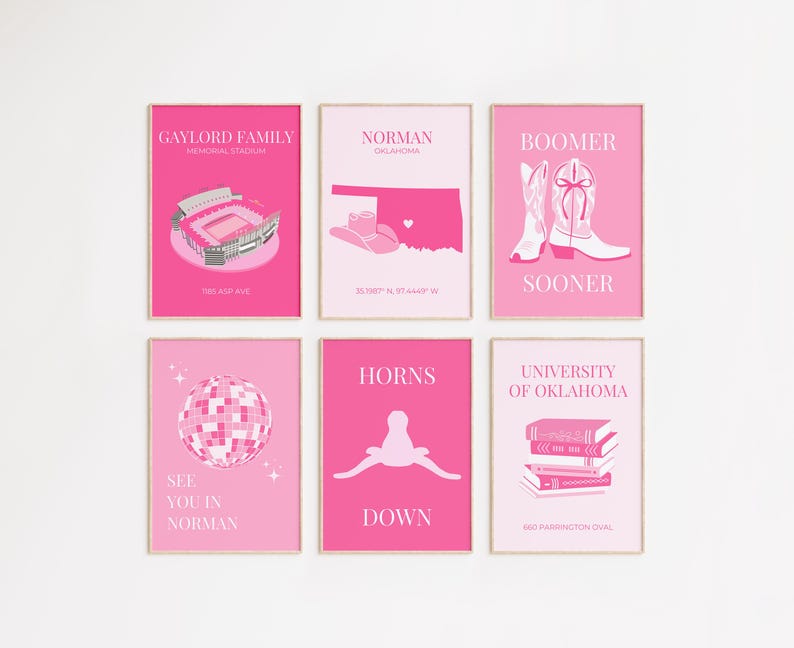 University of Oklahoma Pink Wall Art Set of 6 College Wall Art - Etsy