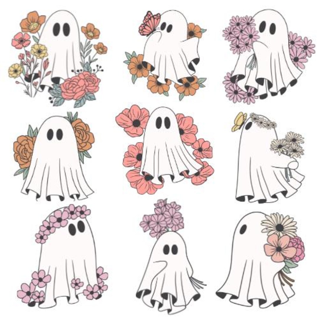 Cute Flower Ghosts Bundle Png, Svg, Cricut Silhouette Designs Spooky ...