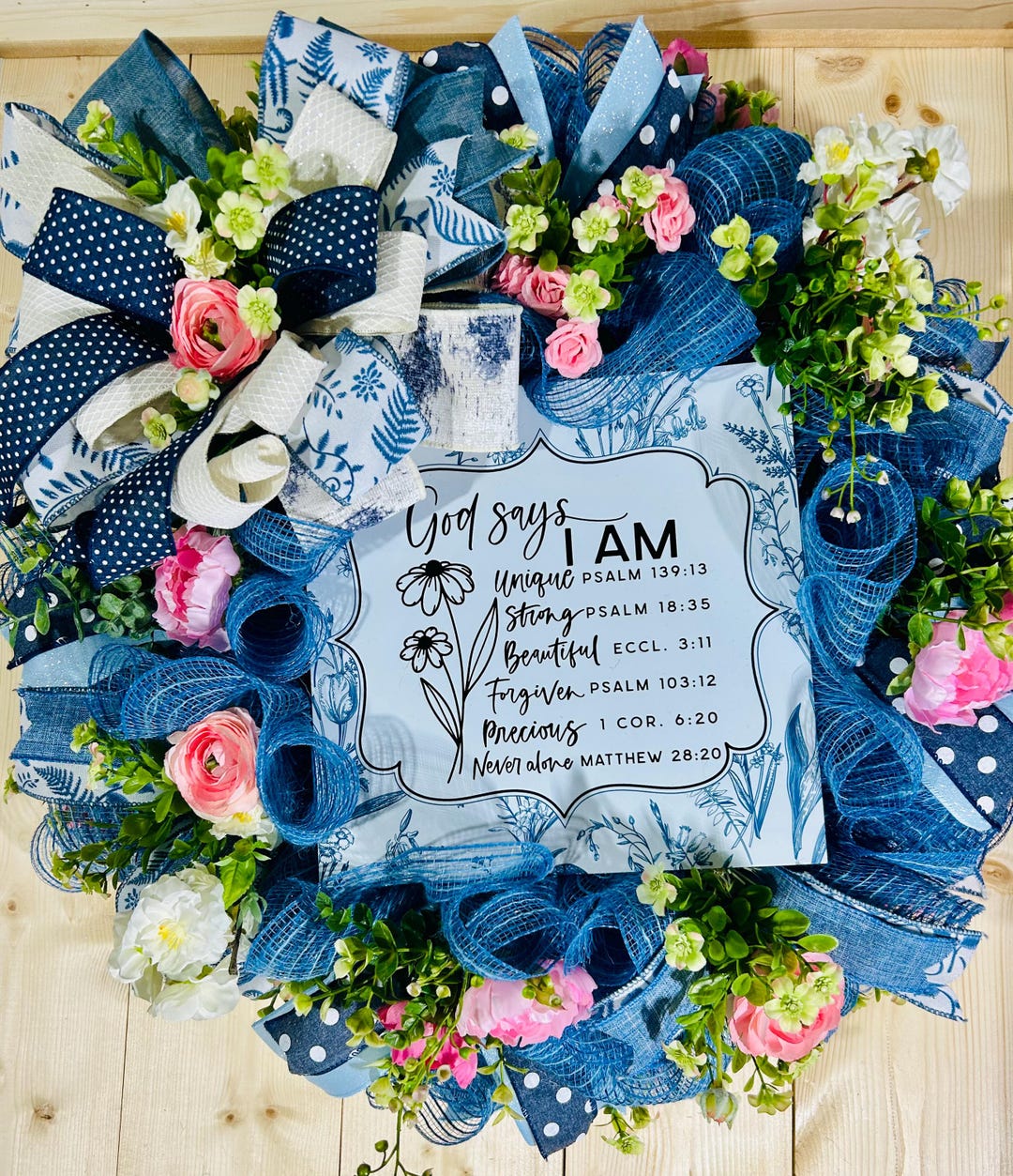 Mother’s Day Wreath With Inspirational Sign | Blue Burlap Mesh & Pink ...