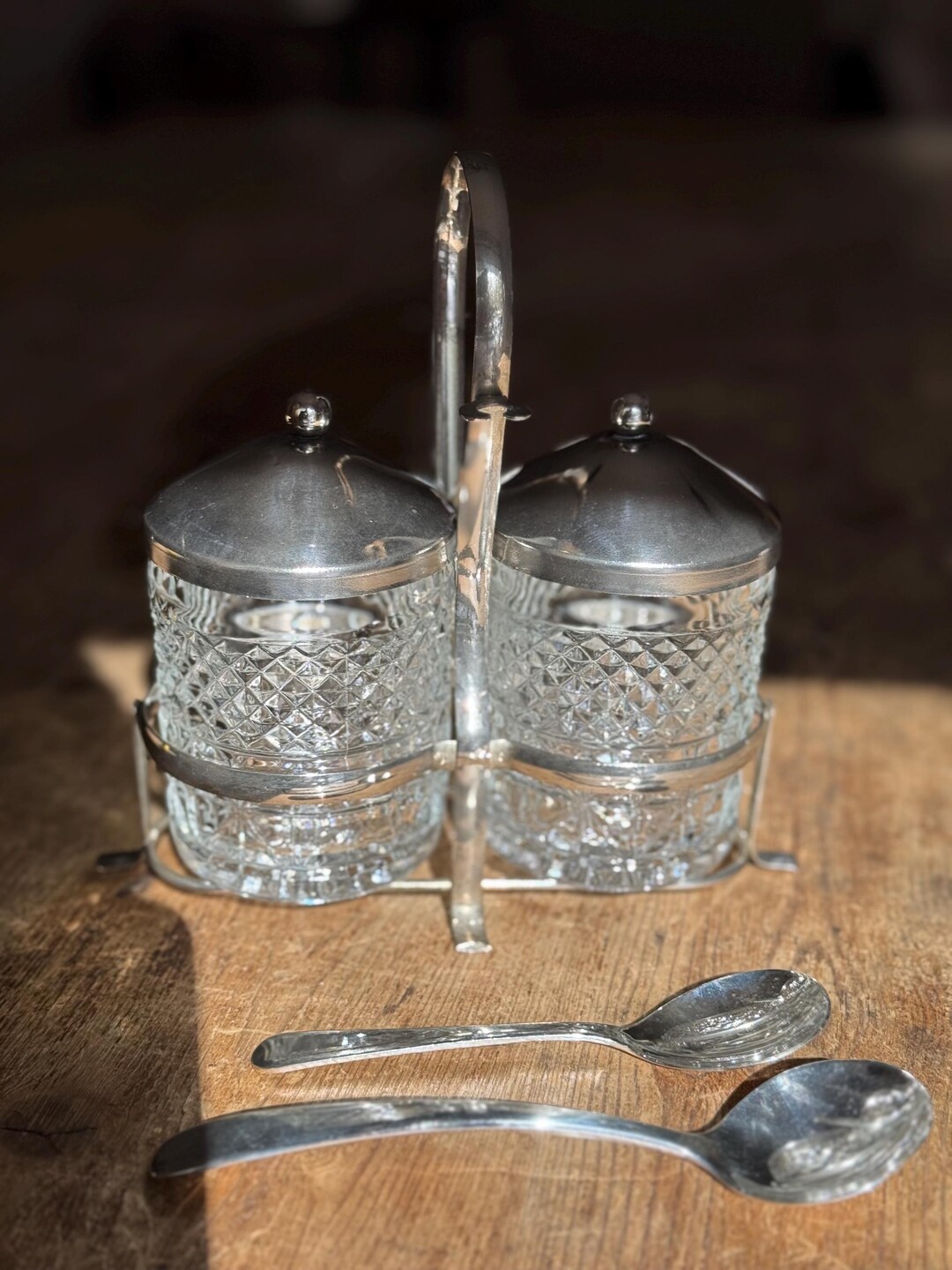 Vintage Crystal Cut Glass Condiment Jars With Silver Plated Holder ...
