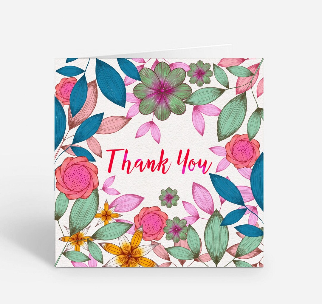 Square Thank You Card, Floral Design Card, Ludic Design, Blank Inside ...