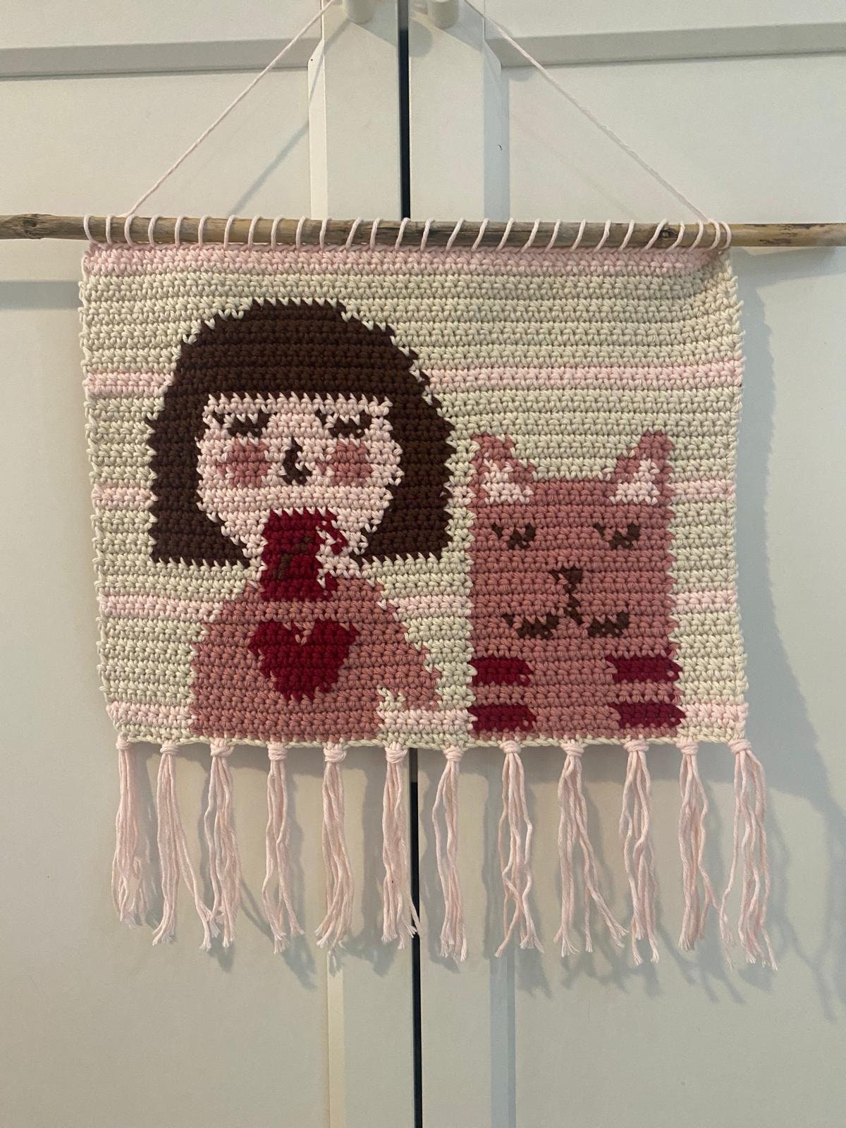 CROCHET PATTERN, Crochet Cat Tapestry, Intarsia Crochet Girl and Cat ...