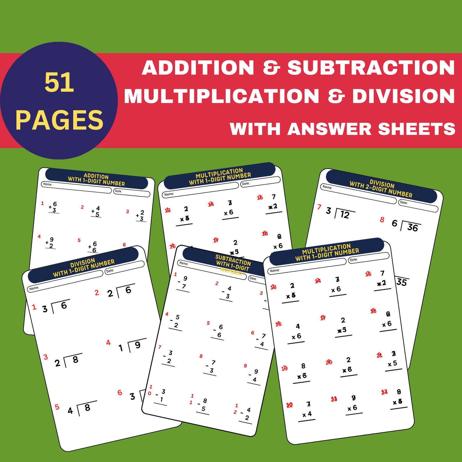 Math Printable Worksheets Addition, Subtraction, Multiplication ...