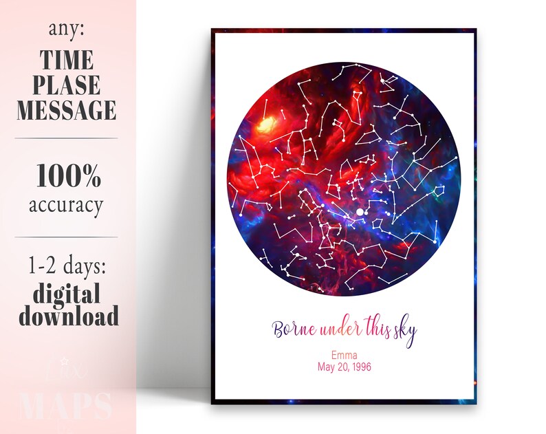 Star Map Print Custom by Date, PRINTABLE Star Chart Poster, Astronomy ...